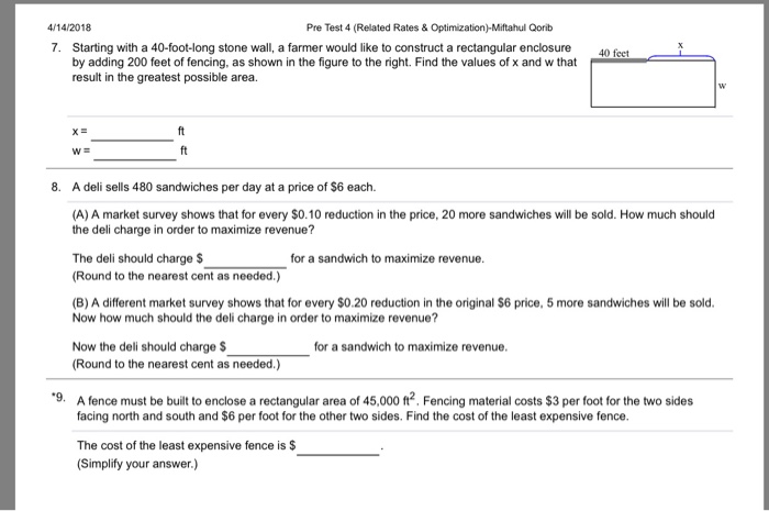 Solved 4/14/2018 Pre Test 4 (Related Rates & | Chegg.com