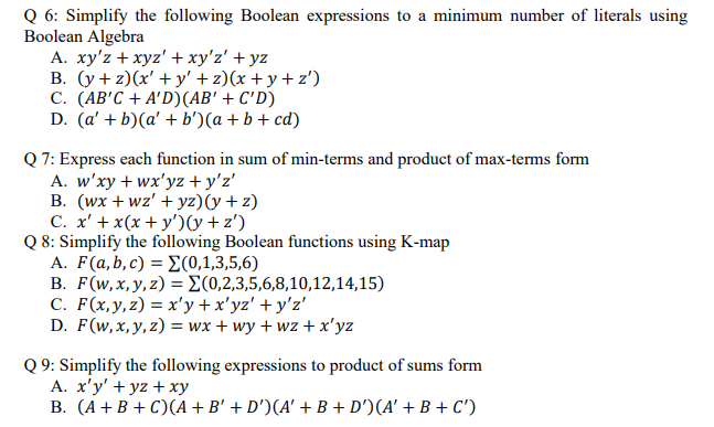 Solved Q 6: Simplify the following Boolean expressions to a | Chegg.com