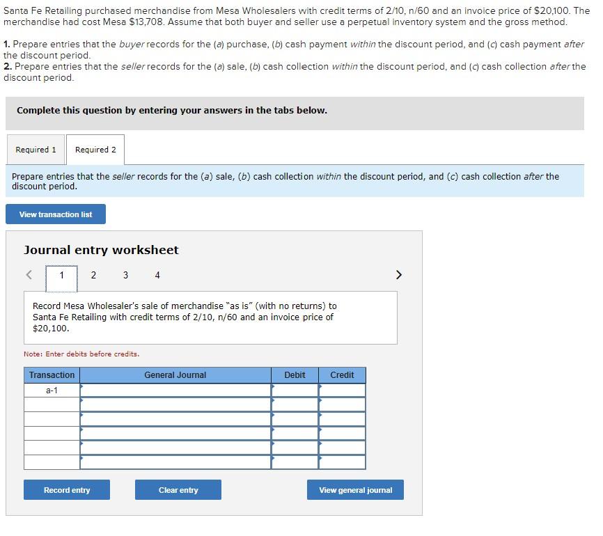 Solved Journal entry 1: Record Mesa Wholesaler's sale of | Chegg.com