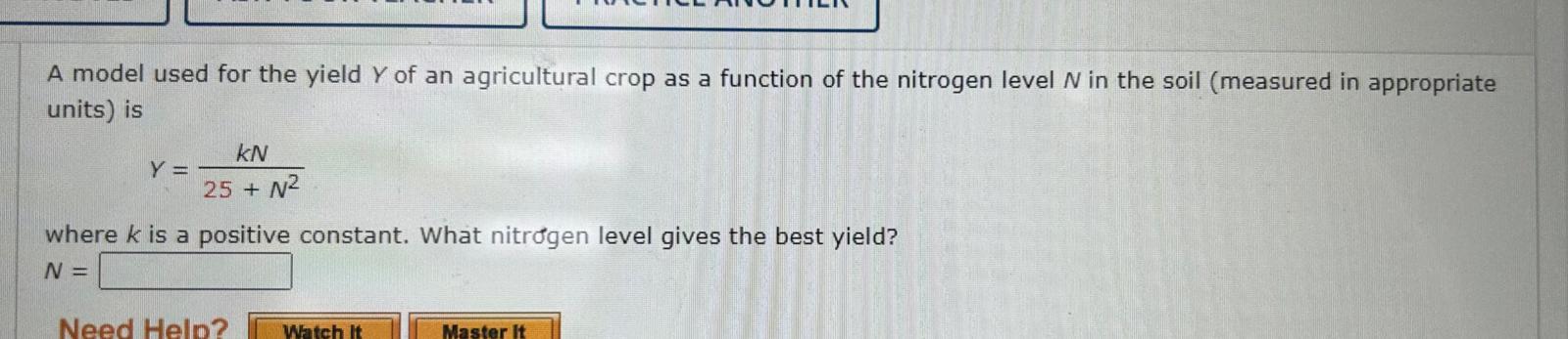 Solved A model used for the yield Y of an agricultural crop | Chegg.com