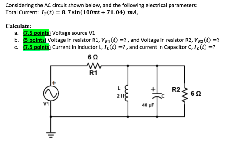 Solved Considering the AC circuit shown below, and the | Chegg.com