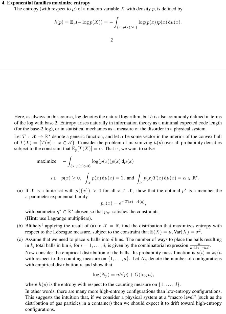Solved 4. Exponential families maximize entropy The entropy | Chegg.com