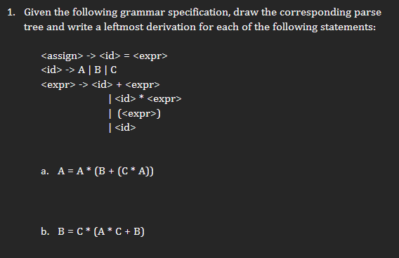 Solved Given the following grammar specification, draw the | Chegg.com