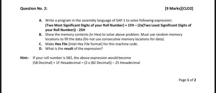 Solved Question No. 2: [9 Marks)(CLO2] A. Write a program in | Chegg.com