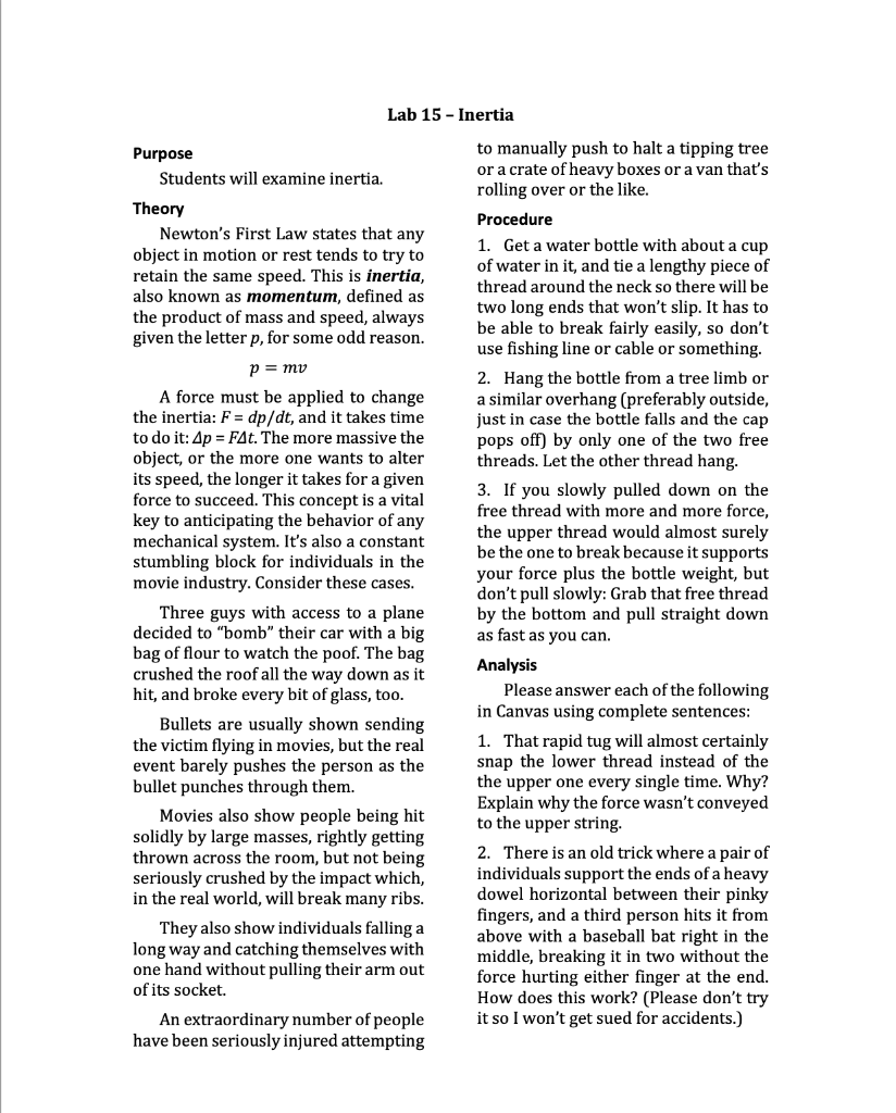 Lab 15 - Inertia Purpose to manually push to halt a | Chegg.com