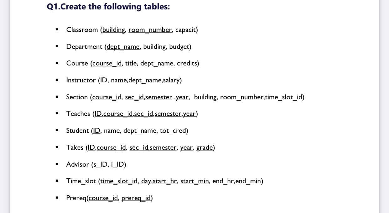 Solved Q1.Create the following tables: . Classroom | Chegg.com