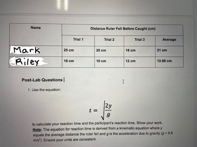 Solved Name Distance Ruler Fell Before Caught (cm) Trial 1 | Chegg.com
