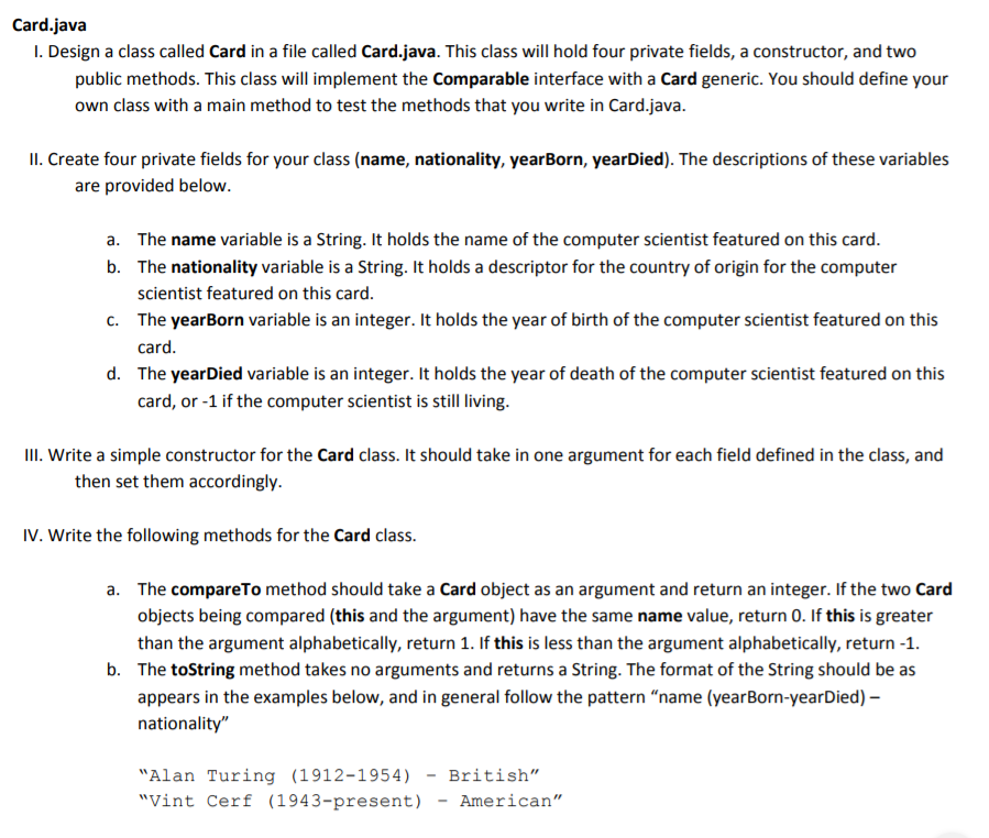 Solved Card.java 1. Design a class called Card in a file | Chegg.com