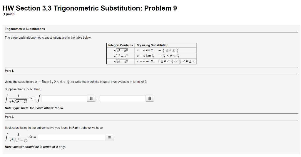 Solved HW Section 3.3 Trigonometric Substitution: Problem 9 | Chegg.com