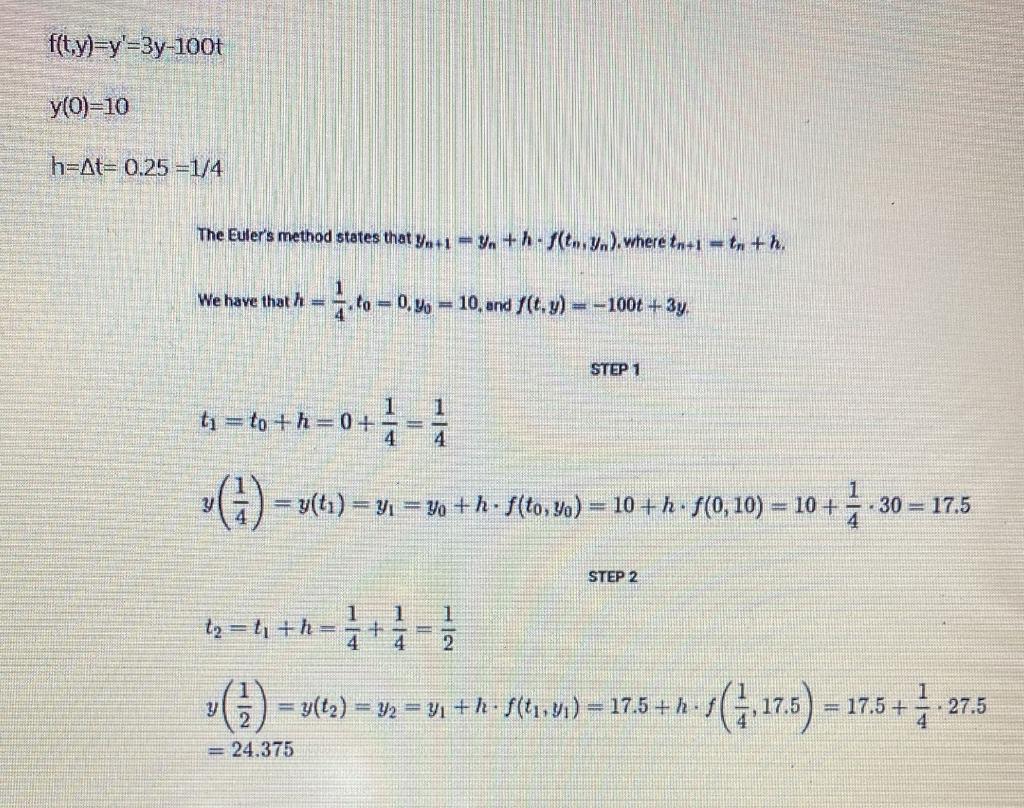 Solved Euler's method. 1.2.5 Given that y′=3y−100t and | Chegg.com