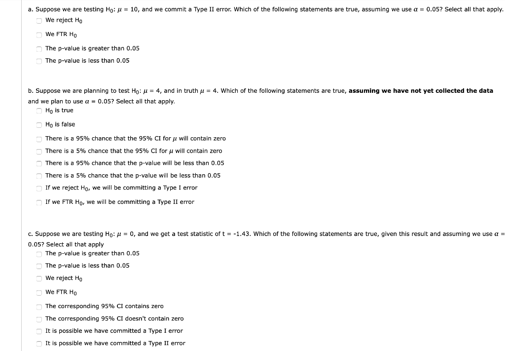 Solved a. Suppose we are testing Ho: u = 10, and we commit a | Chegg.com
