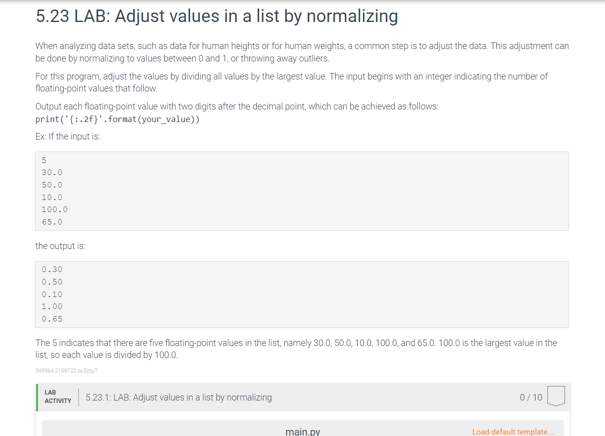 Solved 5.23 LAB: Adjust values in a list by normalizing When | Chegg.com