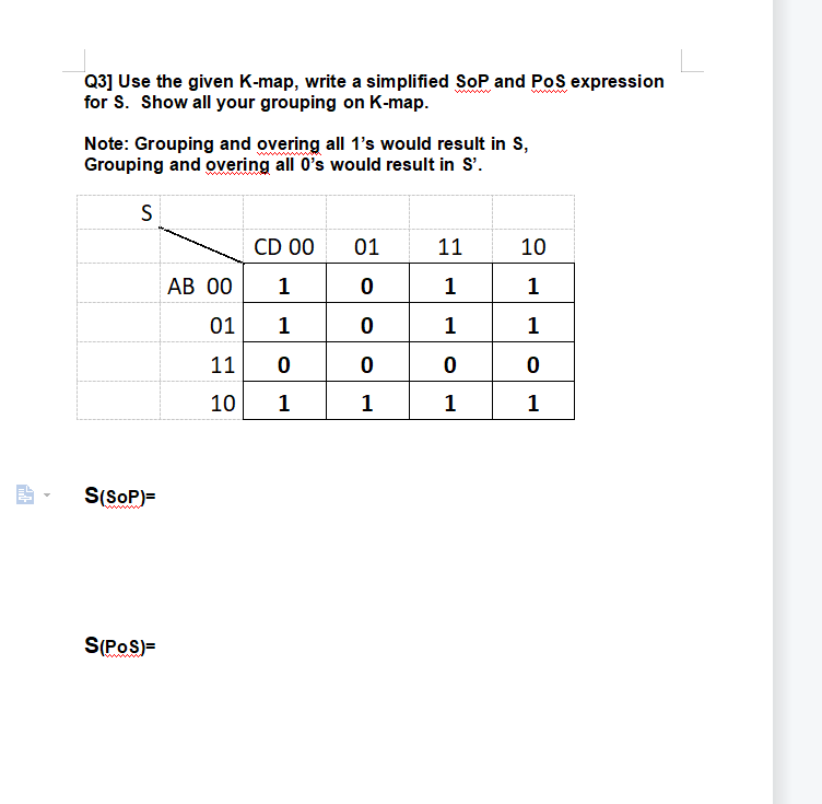 Solved Q3] Use the given K-map, write a simplified SoP and | Chegg.com