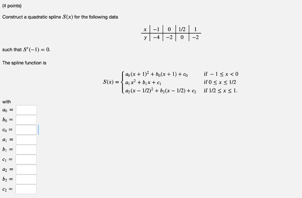 Solved (4 points) Construct a quadratic spline S(x) for the | Chegg.com