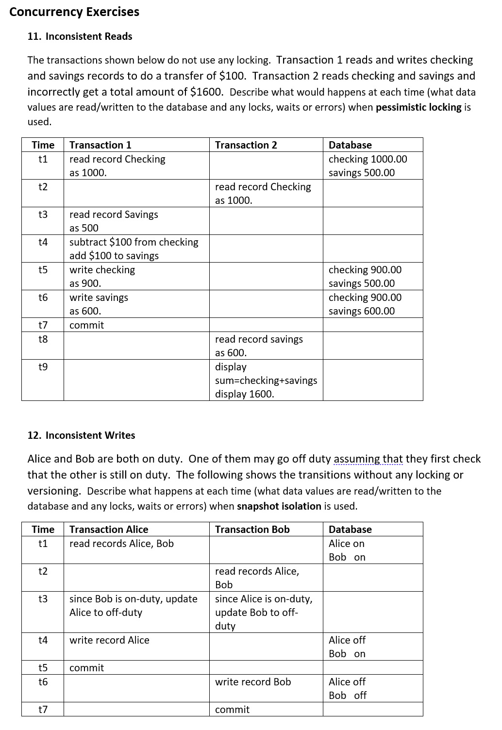 Solved Concurrency Exercises 11. Inconsistent Reads The | Chegg.com