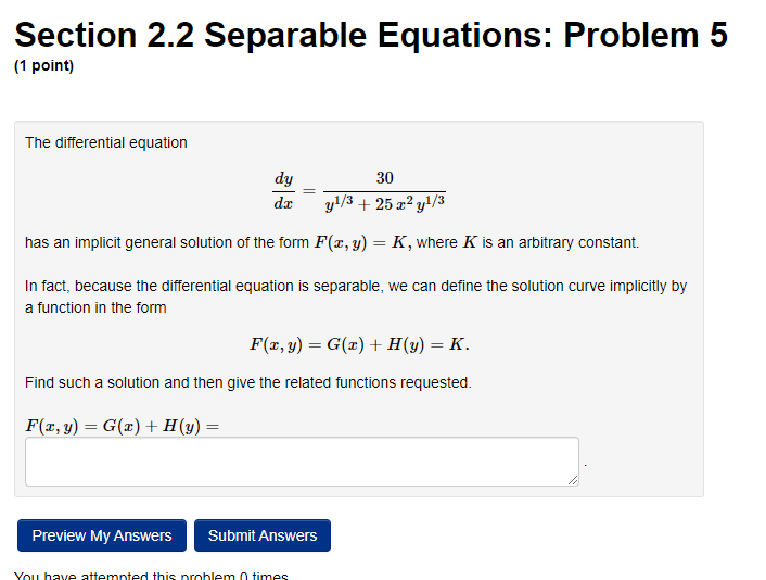 Solved Section 2 2 Separable Equations Problem 5 1 Point