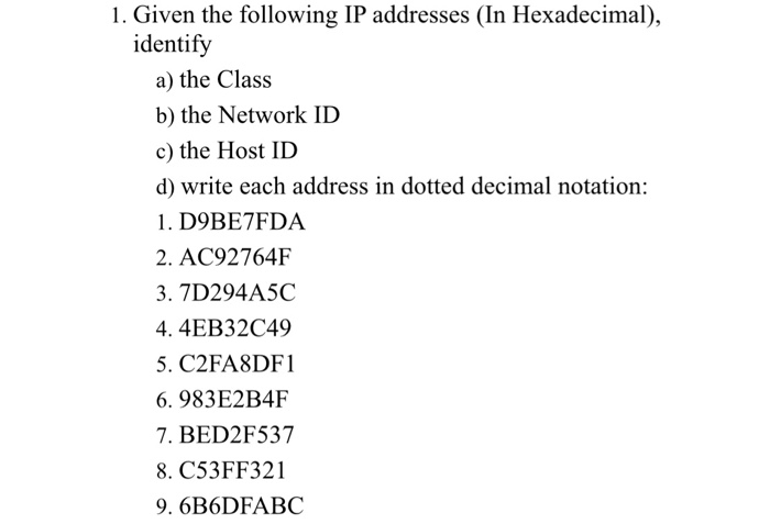 Solved 1. Given the following IP addresses (In Hexadecimal), | Chegg.com