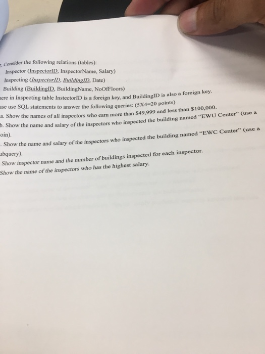 Solved Consider The Following Relations Tables Inspector 