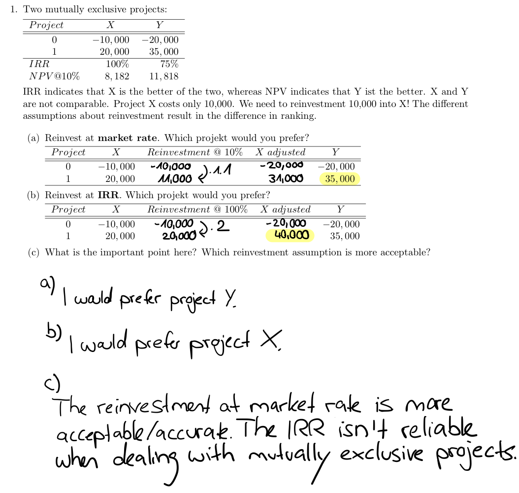 Solved 1. Two mutually exclusive projects: IRR indicates | Chegg.com