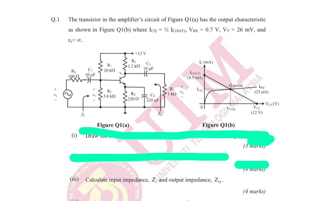 Solved Q.1 The transistor in the amplifier's circuit of | Chegg.com