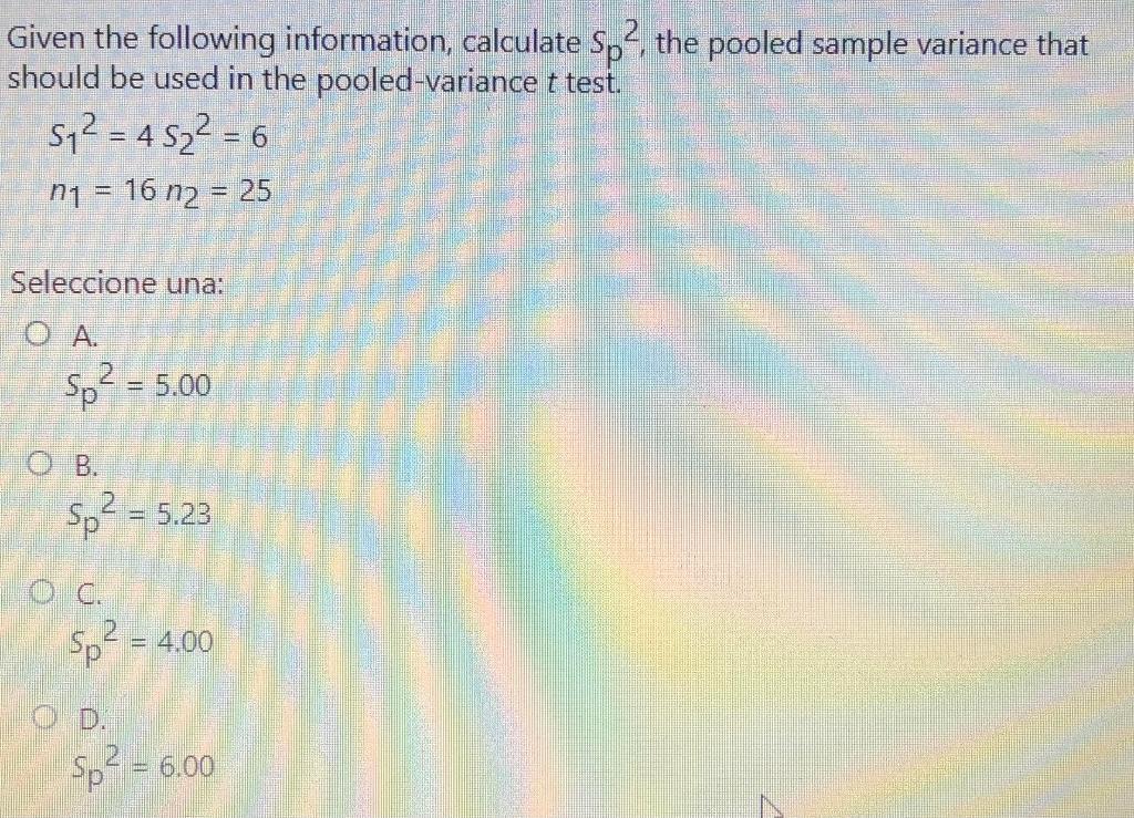 Solved Given the following information, calculate Sp2, the | Chegg.com