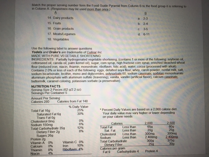 Solved Match the proper serving number form the Food Guide | Chegg.com