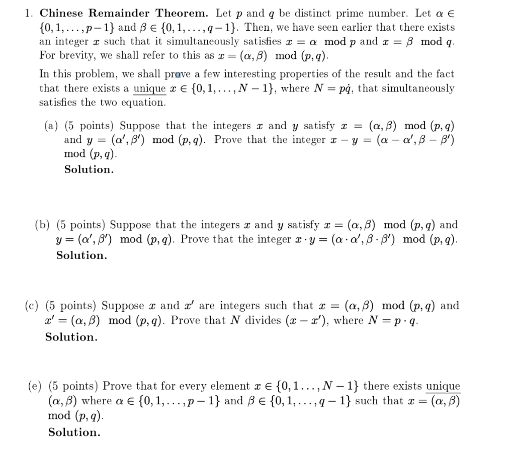 Solved 1, Chinese Remainder Theorem. Let p and q be distinct | Chegg.com