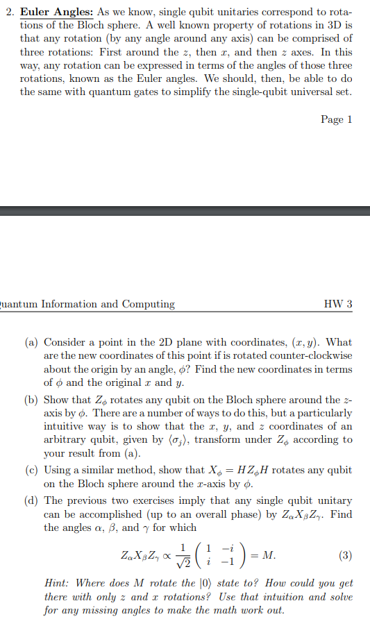 2. Euler Angles: As we know, single qubit unitaries | Chegg.com