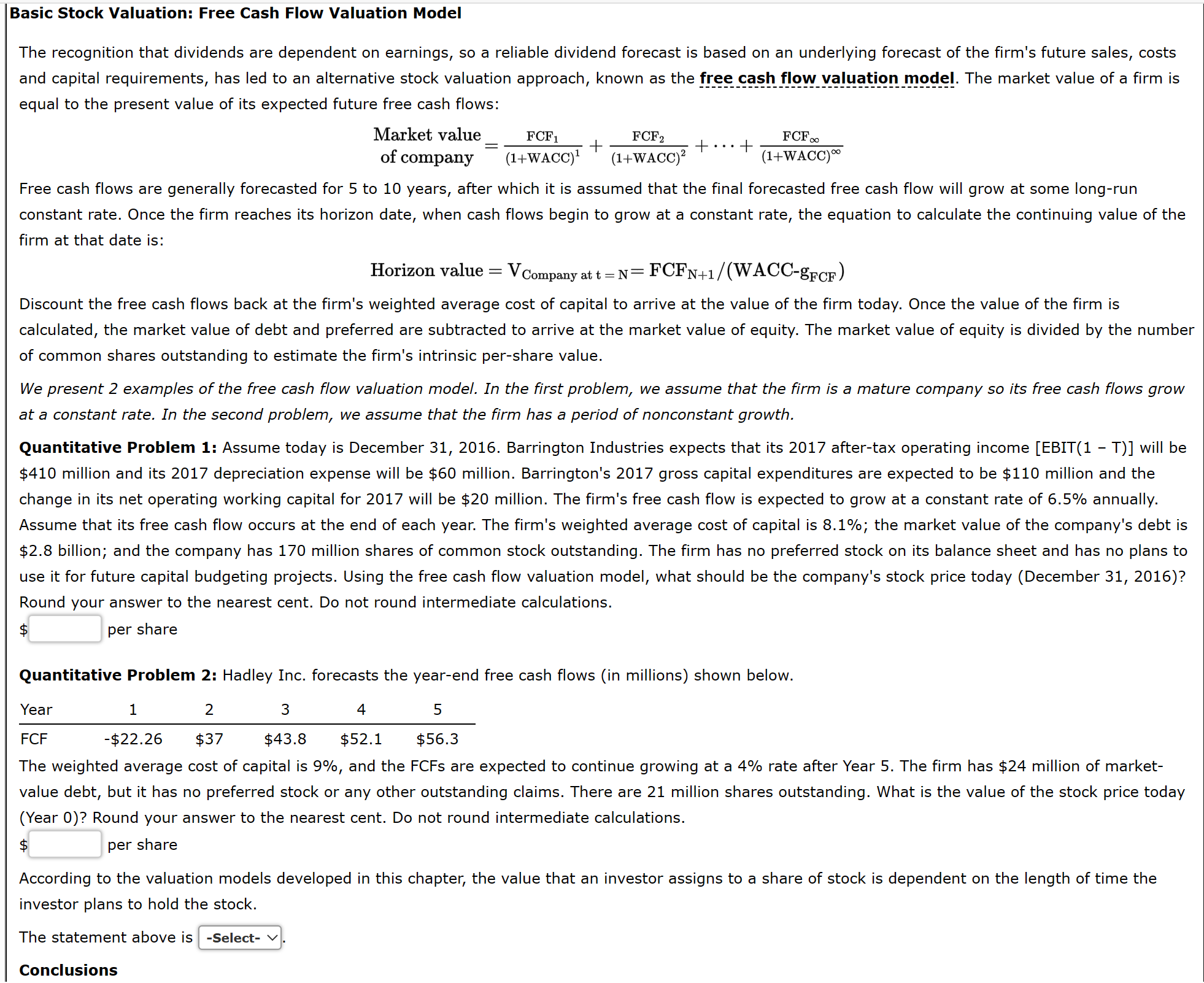 Solved Basic Stock Valuation: Free Cash Flow Valuation Model | Chegg.com