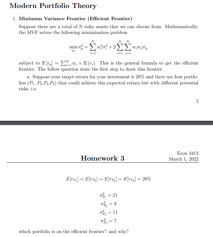 Modern Portfolio Theory 1. Minimum Variance Frontier | Chegg.com