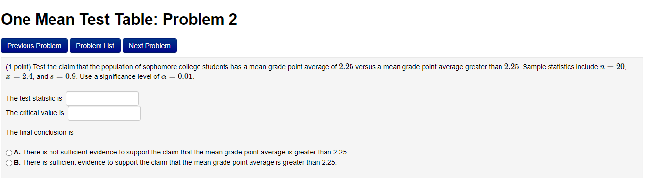 Solved One Mean Test Table: Problem 2 Previous Problem | Chegg.com