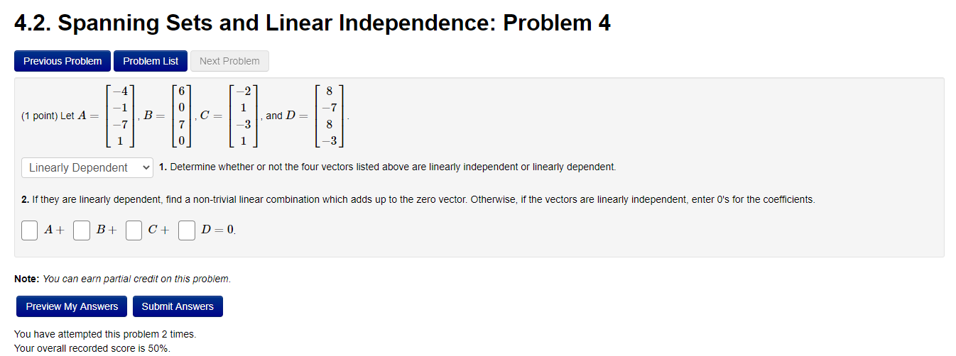 Solved 4.2. Spanning Sets and Linear Independence: Problem 4 | Chegg.com