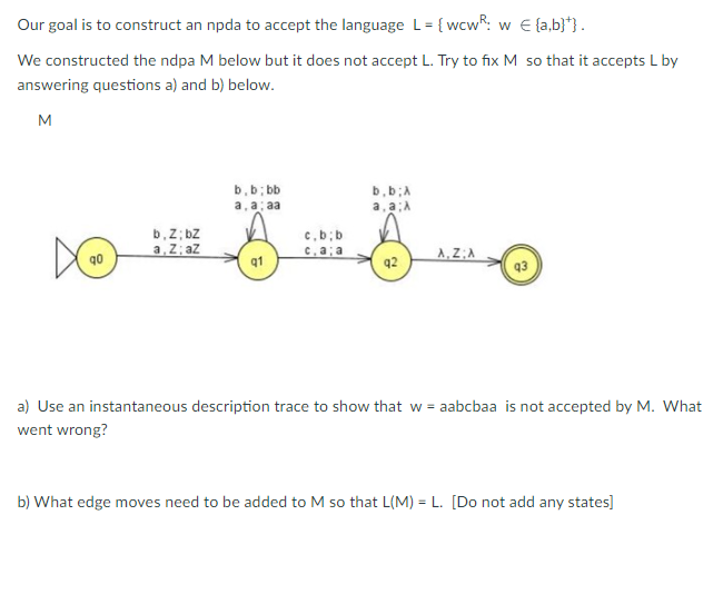 Solved Our goal is to construct an npda to accept the | Chegg.com