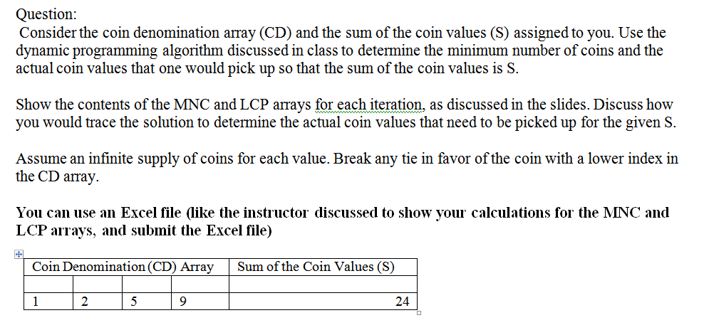 Solved Consider the coin denomination array (CD) and the sum | Chegg.com