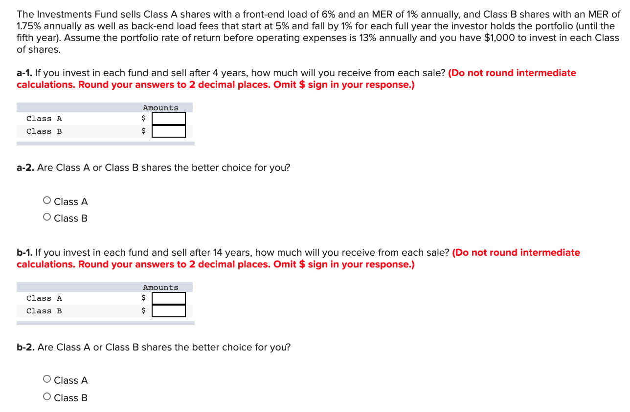 Solved The Investments Fund sells Class A shares with a | Chegg.com