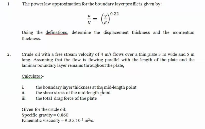 Solved 1 The power law approximation for the boundary layer | Chegg.com