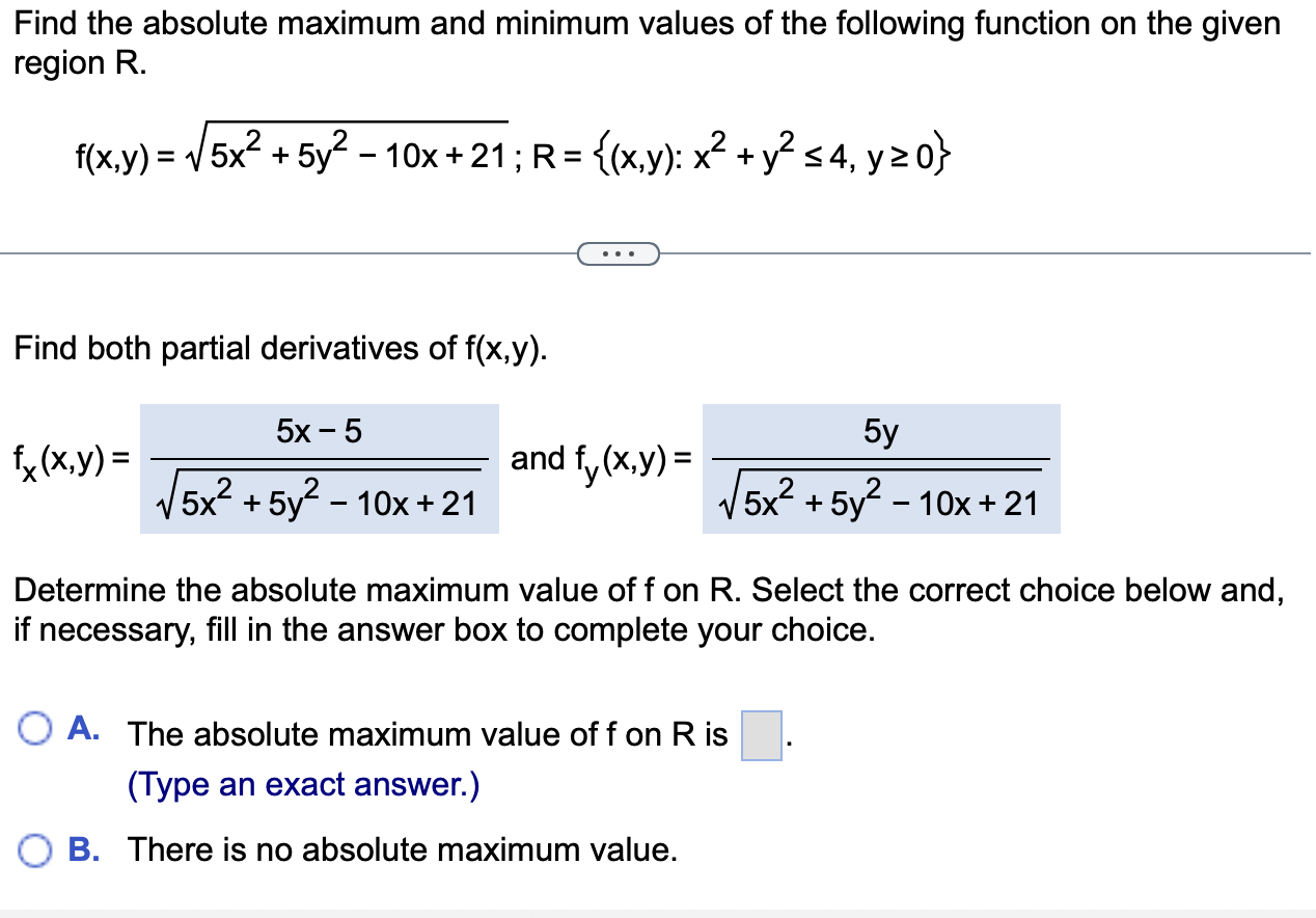 Solved Find the absolute maximum and minimum values of the | Chegg.com