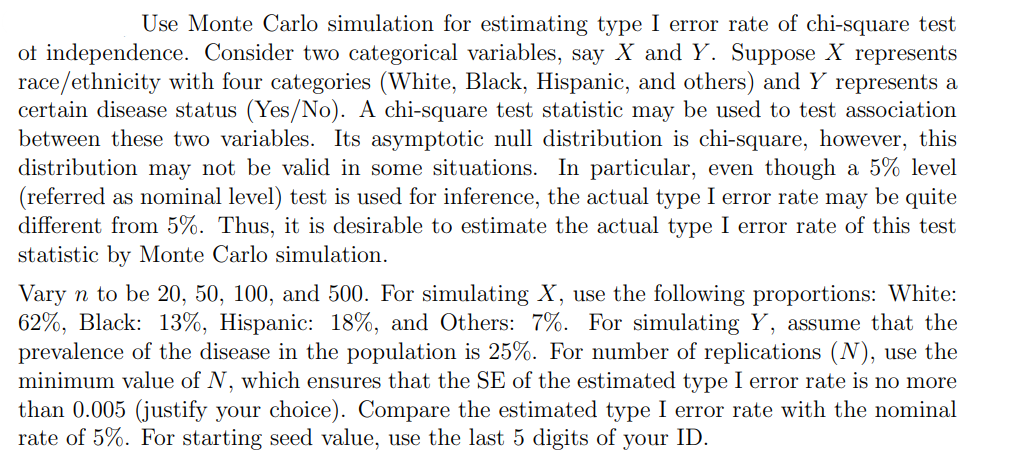 Use Monte Carlo simulation for estimating type I | Chegg.com