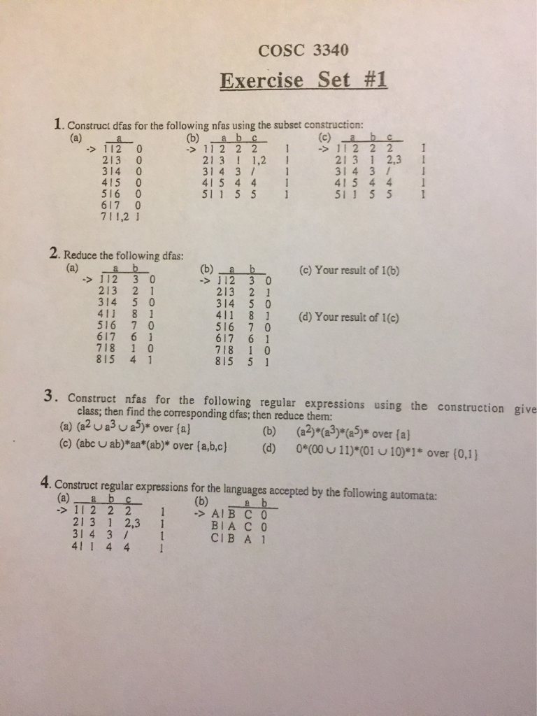 Cosc 3340 1 Set Exercise 1construct Dfas For The 