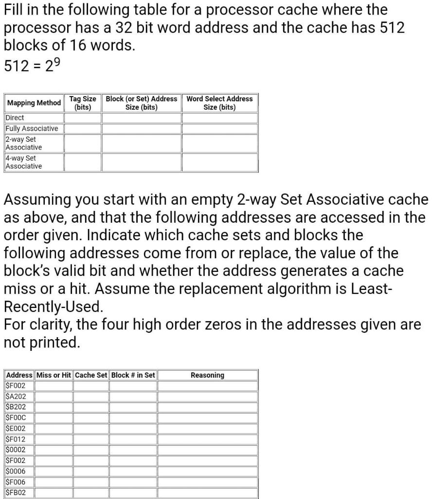 Fill in the following table for a processor cache | Chegg.com