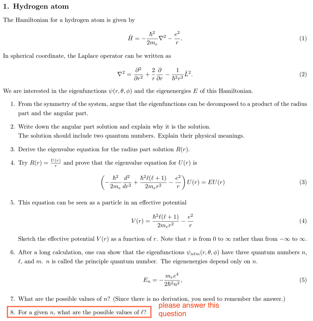 Solved 1. Hydrogen atom The Hamiltonian for a hydrogen atom | Chegg.com