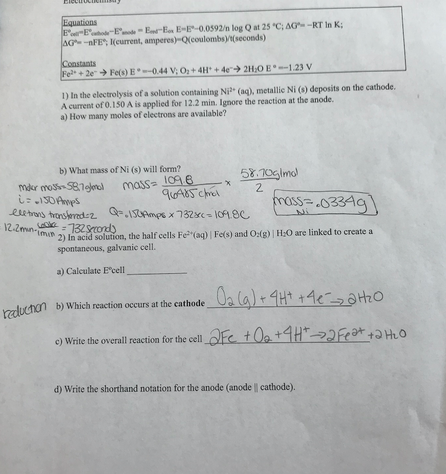 Solved EleULIUCIIuy -RT in K; Equations E cel1=Eºcathode -E | Chegg.com