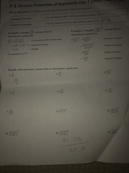 Solved 7-2 Division Properties of Exponents Day 1 (DUE | Chegg.com