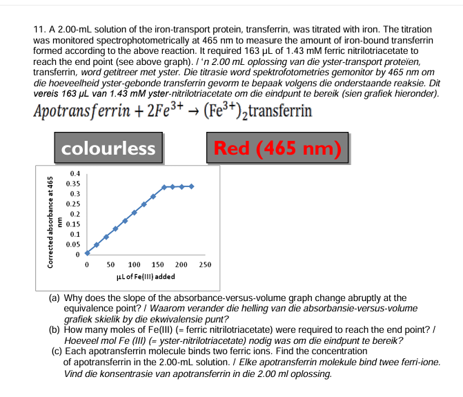 Solved 11. A 2.00−mL solution of the iron-transport protein, | Chegg.com