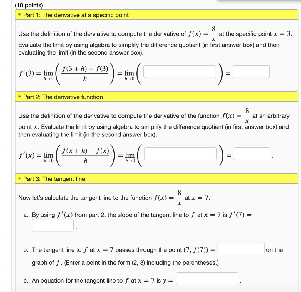 Solved (10 points) Part 1: The derivative at a specific | Chegg.com