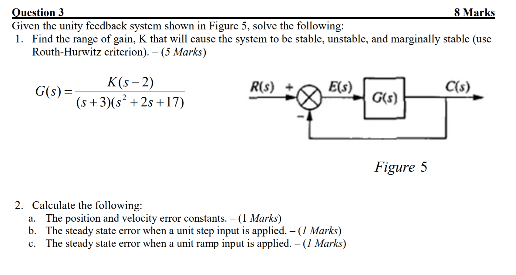 Solved Question 3 8 Marks Given the unity feedback system | Chegg.com