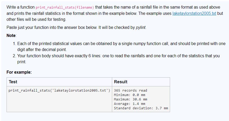 Solved Write a function print_rainfall_stats(filename) that | Chegg.com