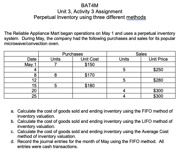 Solved BAT4M Unit 3, Activity 3 Assignment Perpetual | Chegg.com