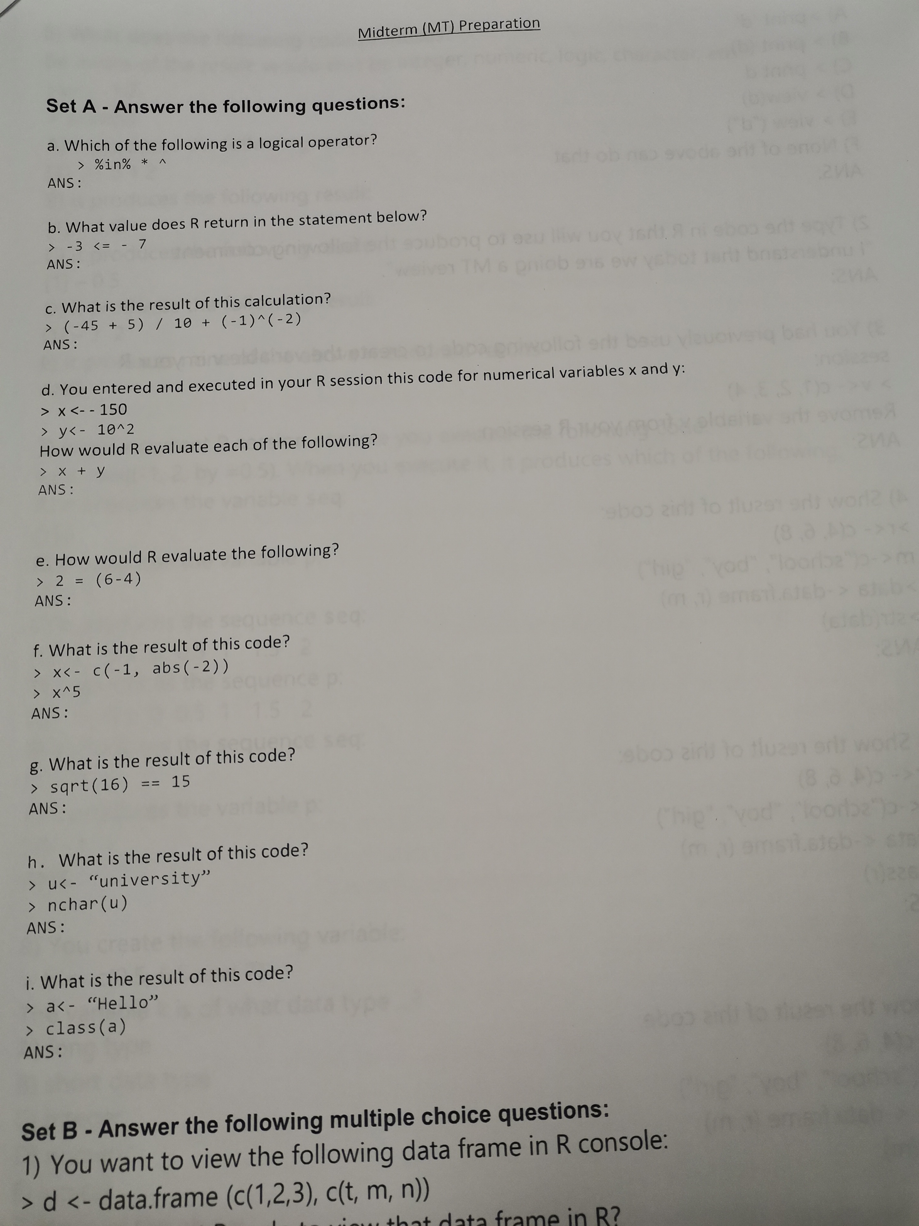 Solved Midterm (MT) Preparation Set A - Answer the following | Chegg.com