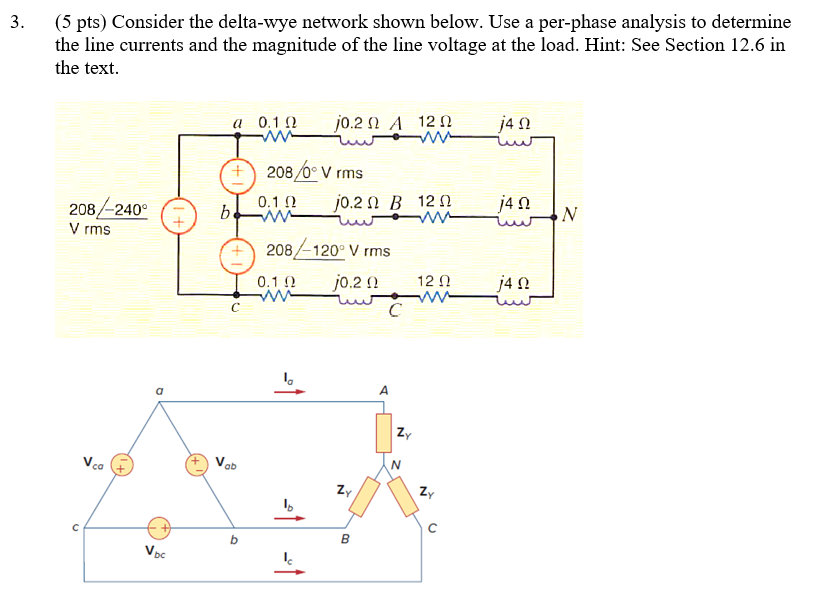 Solved ( 5 pts) Consider the delta-wye network shown below. | Chegg.com